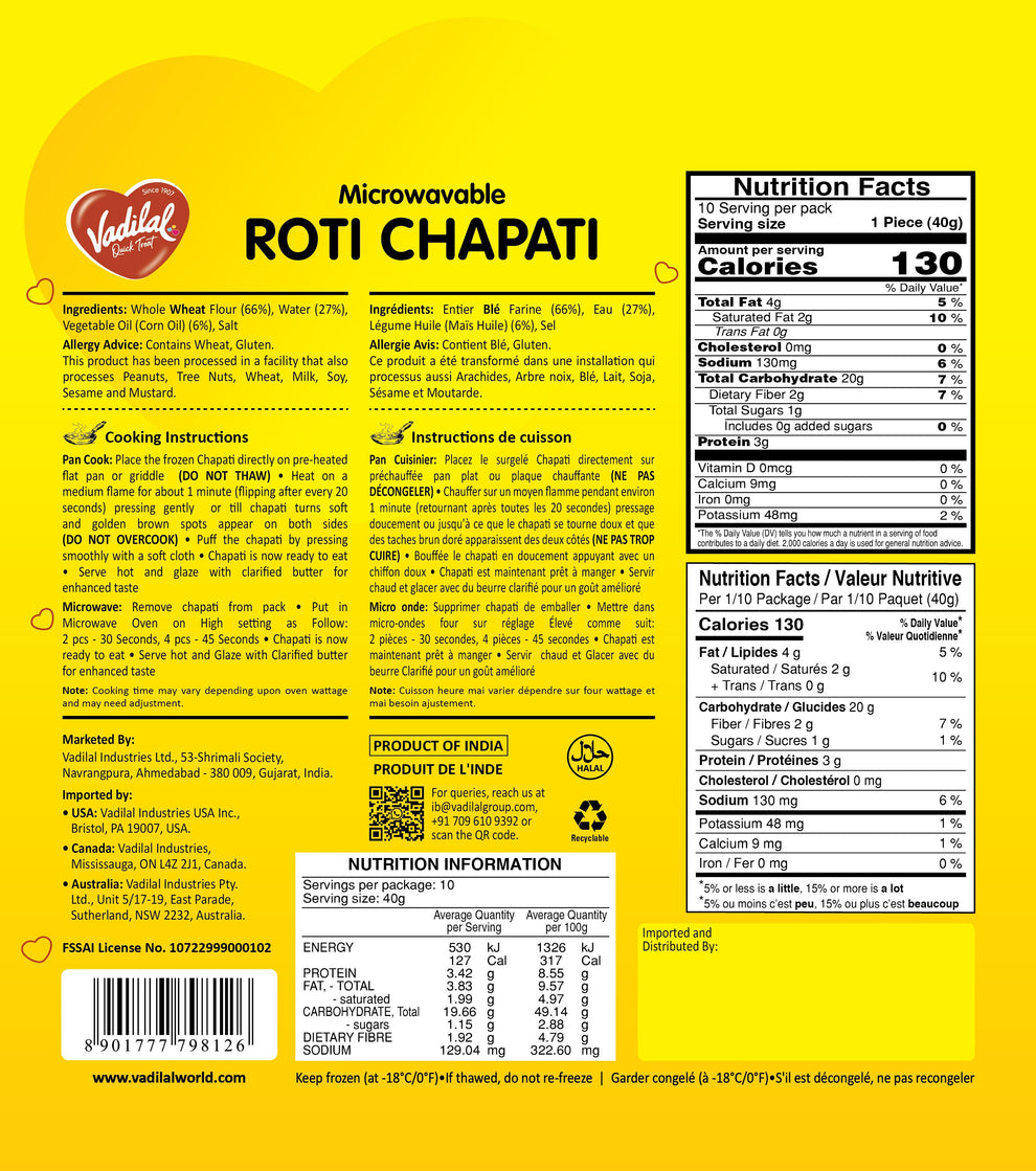 VADILAL MICROWAVABLE ROTI CHAPATI 400G – Sri Renga Trading